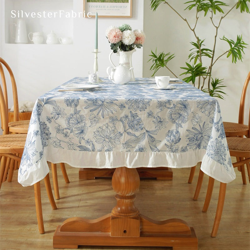 French Blue Floral Tablecloth – Rectangle, Cotton – SilvesterFabric